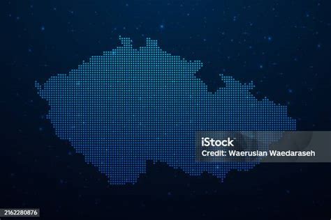 チェコ共和国は未来的なスタイルで点在する地図星の線の点で作られた輝く輪郭通信ダークブルーの背景にインターネット技術の概念 アイコンの