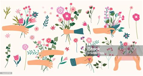 밝은 야생화를 들고있는 손 봉투 안의 봄 꽃 꽃다발 나뭇잎 등 어머니의 날 봄 출생 결혼식 등을 축하하기위한 미니멀리스트 작곡 벡터 그림 0명에 대한 스톡 벡터 아트 및