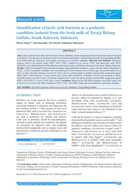 Pdf Identification Of Lactic Acid Bacteria As A Probiotic Candidate