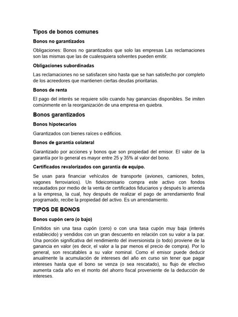 Tipos De Bonos Comunes Pdf Compartir Finanzas Cupón