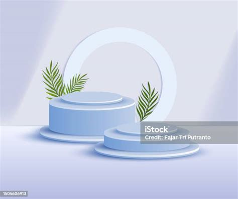3d 제품 연단과 받침대는 야자수 잎이 있는 보라색 또는 파란색 회색 색상입니다 0명에 대한 스톡 벡터 아트 및 기타 이미지