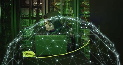 image of digital data processing with globe over it asian male technician computer servers stock