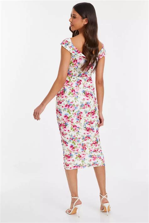 Cream Floral Bardot Midi Dress Quiz Clothing