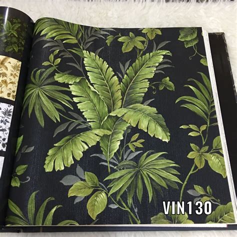 Jual Wallpaper Dinding Motif Daun Hijau Dasar Hitam Daun Silver