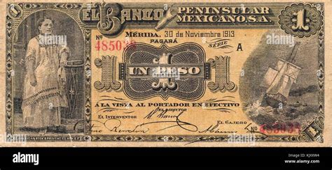 Billete De 1 Peso Del Banco Peninsular Mexicano Anverso Stock Photo