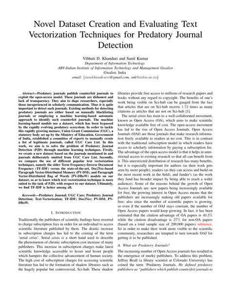 Pdf Novel Dataset Creation And Evaluating Text Vectorization Techniques For Predatory Journal