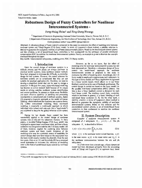 Robustness Design Of Fuzzy Controllers For Nonlinear Interconnected Systems Ieee Conference