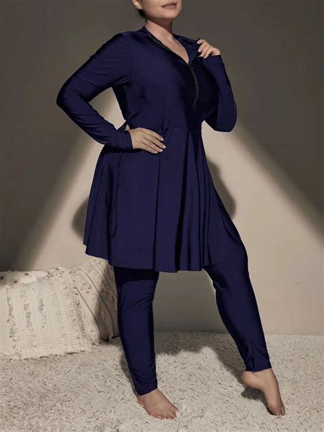 Shein Swim Mulvari Plus Half Zip Hooded Drawstring Full Body Burkini
