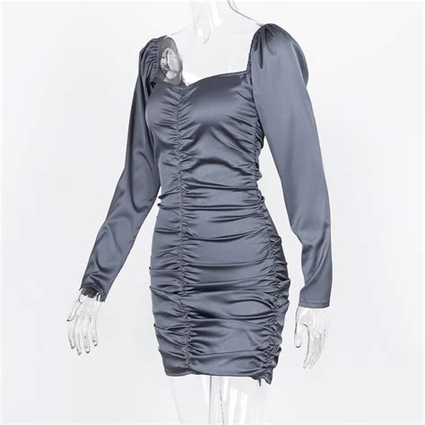Hugcitar 2021 Long Puff Sleeve Slash Neck Satin Pleated Sexy Mini Dress