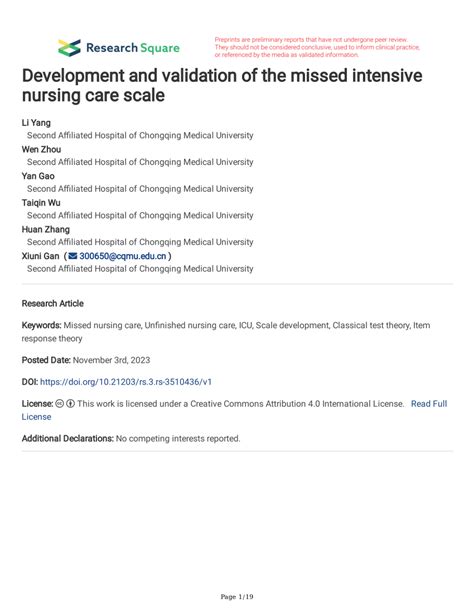Pdf Development And Validation Of The Missed Intensive Nursing Care Scale