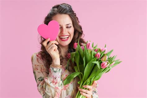 Happy Stylish Woman In Floral Dress On Pink Stock Image Image Of