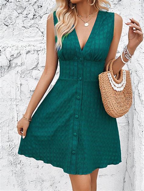 SHEIN VCAY Women S Sleeveless V Neck Sheath Dress With Single Row Button Closure SHEIN Singapore