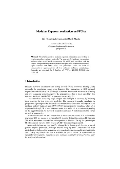 Pdf Modular Exponent Realization On Fpgas