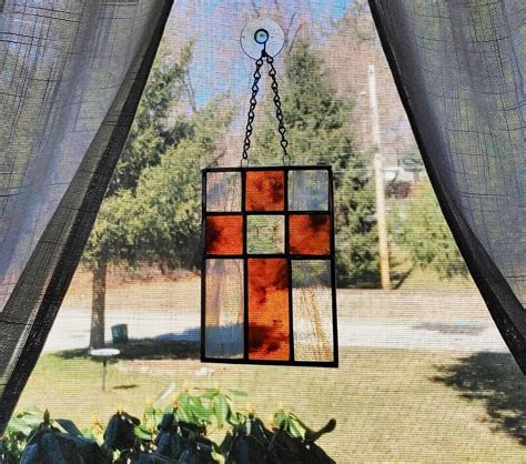 Small Stained Glass Cross Suncatcher Orange And Clear Glass T For