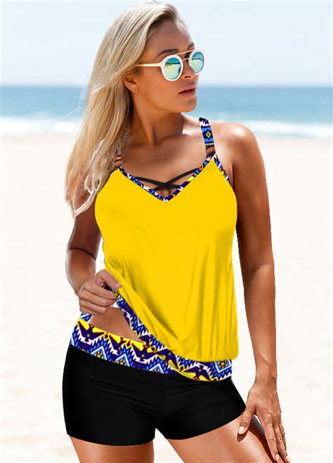 ROTITA Yellow Strappy Back Tribal Print Tankini Set Rotita USD