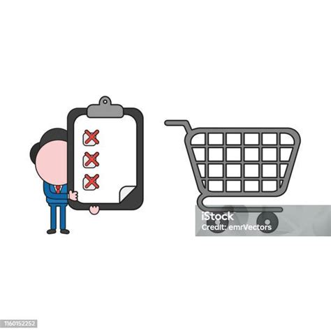 쇼핑 카트와 클립 보드와 X 마크를 들고 사업가 캐릭터의 벡터 그림 색상 및 검은색 윤곽선 개념에 대한 스톡 벡터 아트 및 기타
