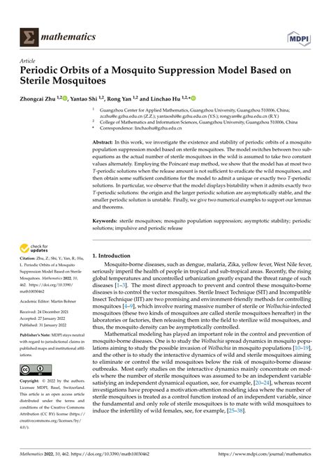 Pdf Periodic Orbits Of A Mosquito Suppression Model Based On Sterile Mosquitoes