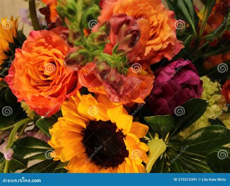 End Of Summer Flower Arrangement Sunflowers Peach Roses Purple