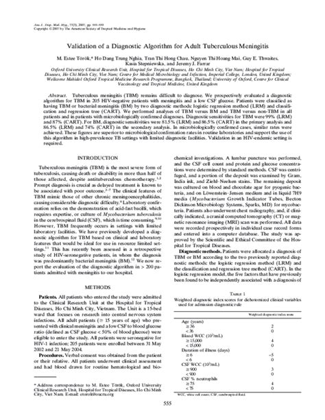 Pdf Validation Of A Diagnostic Algorithm For Adult Tuberculous Meningitis