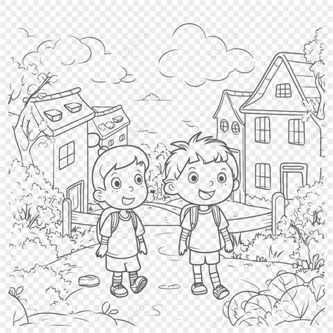 เด็กชายสองคนกำลังไปโรงเรียนระบายสีสำหรับเด็กในเมืองร่างภาพสเก็ตช์