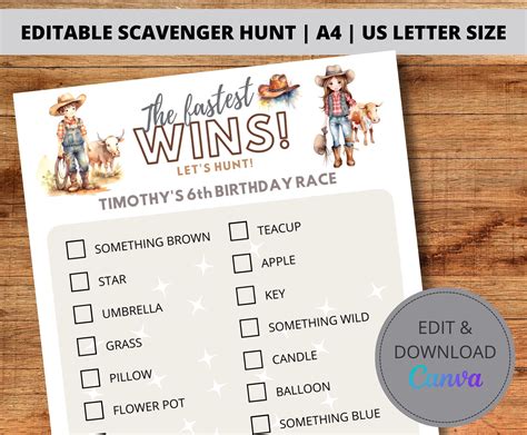 Fully Editable Printable Scavenger Hunt Template Personalizable Party