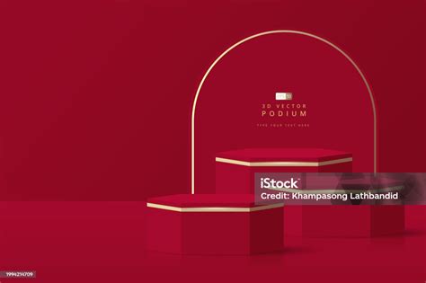 빨간 3d 육각형 연단 받침대의 고급 세트 현실적 또는 아치 모양 배경이 있는 제품 디스플레이 프레젠테이션을 위한 무대 모형을