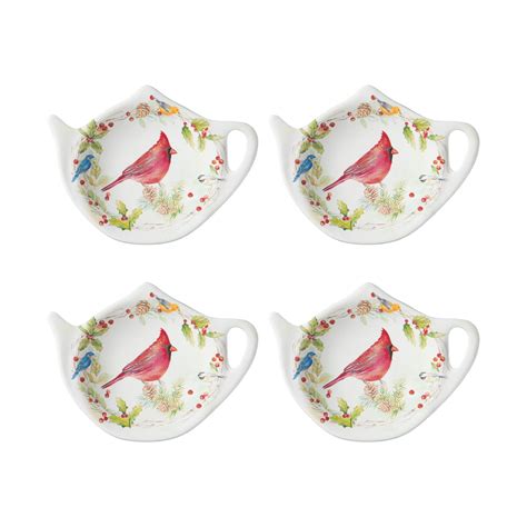 Gourmet Art 4 Piece Winter Birds Teapot Shaped Tea Bag Holder Setspoon