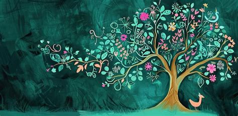 Premium Photo Tree With Floral Patterns On A Green Background The Concept Of Growth And Prosperity