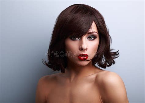 Beautiful Brunette Girl Healthy Black Hair Bob Haircut Red Lips Beauty