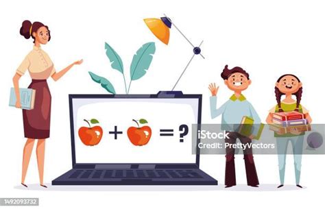온라인 노트북 수업 컴퓨터는 교육 수업 교사 개념을 배웁니다 벡터 그래픽 디자인 요소 그림 개념에 대한 스톡 벡터 아트 및 기타