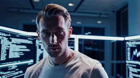 Programmer Surrounded By Glowing Monitors With Source Code In High Tech