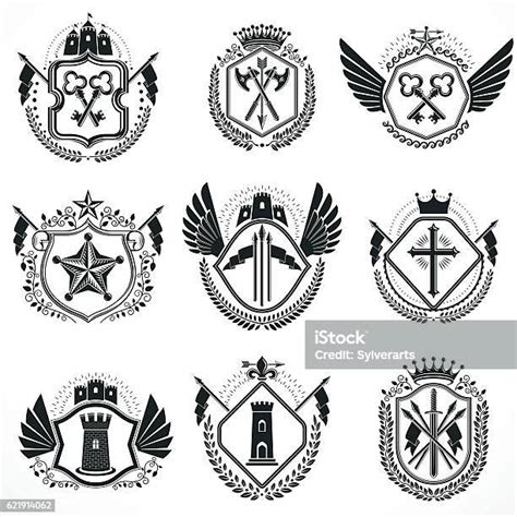 헤럴드 디자인 벡터 빈티지 엠블럼 코트 오브 암스 컬렉션 The Crusades에 대한 스톡 벡터 아트 및 기타 이미지