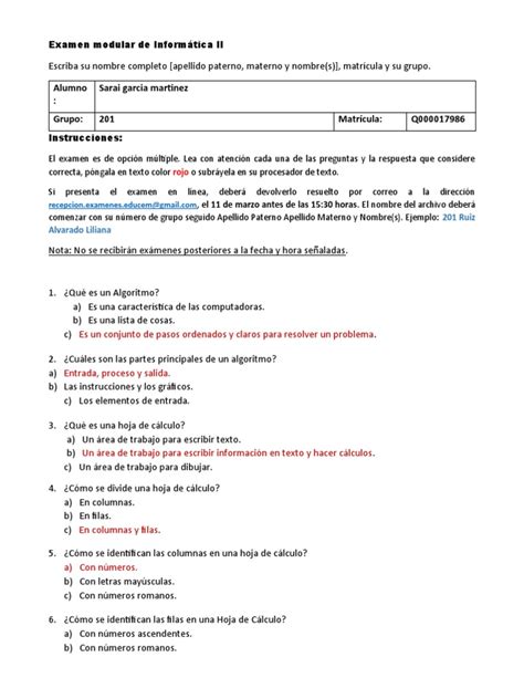 Examen Modular De Informática Ii Pdf Microsoft Excel Hoja De Cálculo