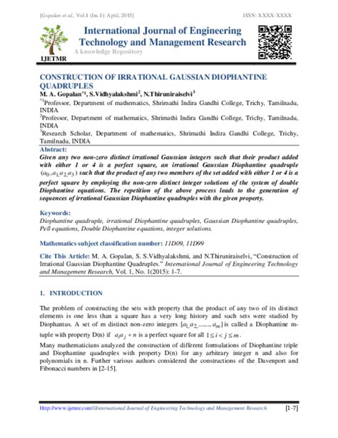 Pdf Construction Of Irrational Gaussian Diophantine Quadruples