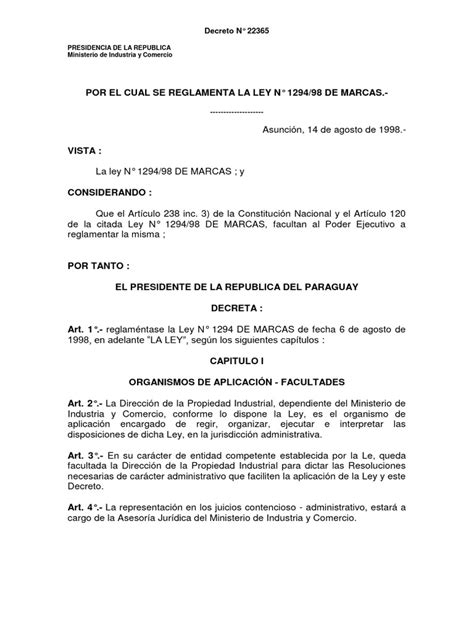 Decreto 22365 Por El Cual Se Reglamenta La Ley Nro 1294 De Marcas Pdf