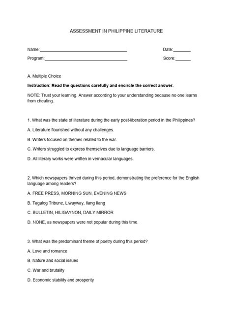 Philippine Literature Demo Questionnaire Pdf Philippines Writing