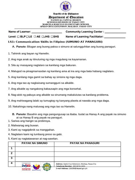 Simuno At Panaguri Worksheet Pdf