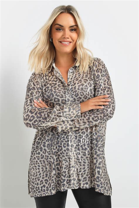 Yours Plus Size Natural Brown Leopard Print Sequin Shirt Yours Clothing