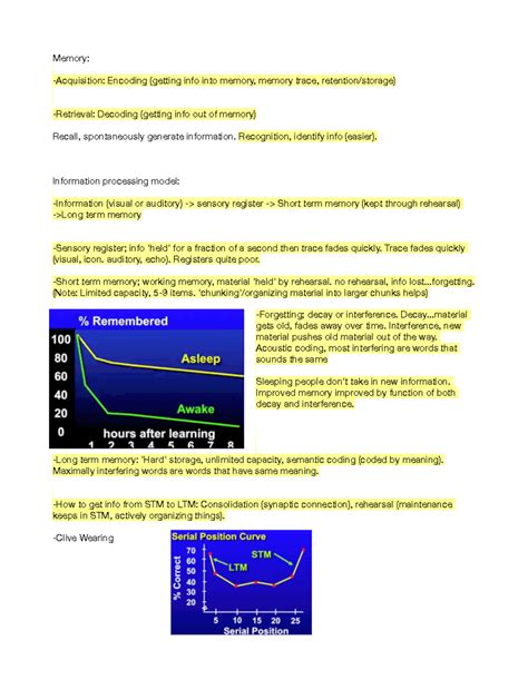 Memory Lecture Notes Memory Acquisition Encoding Getting Info Into Memory Memory Trace