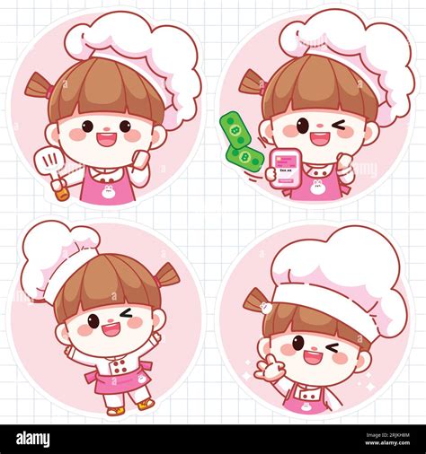 Cute Chef Girl Cartoon Mascot Character Set On Notebook Paper