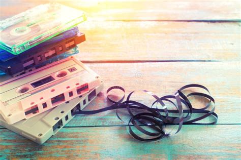 Retro Tape Cassette Over Wooden Table Stock Image Image Of Sound