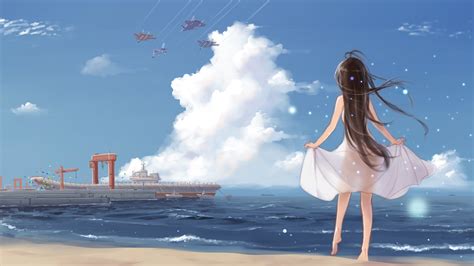 Safebooru 1girl Aircraft Airplane Barefoot Beach Brown Hair Clouds