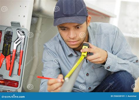 Man Measuring Piece Wood Stock Image Image Of Measuring 256658181