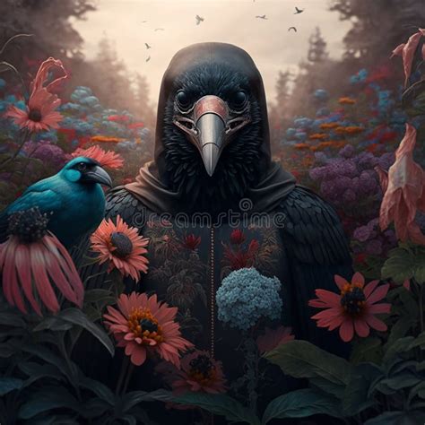 Anthropomorphic Crow In Beautiful Floral Garden Ai Generated Stock