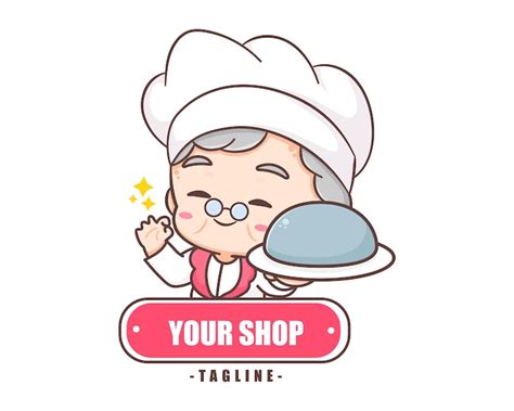 귀여운 할머니 요리사 만화 캐릭터입니다 로고 벡터 아트 일러스트 레이터 프리미엄 벡터
