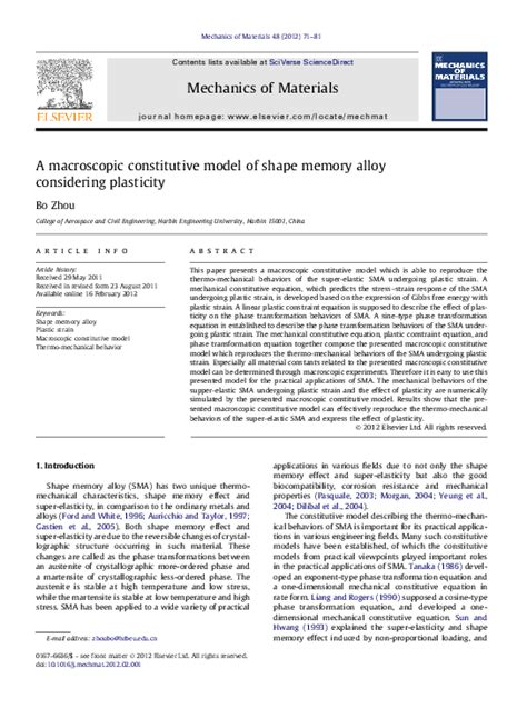 Pdf A Macroscopic Constitutive Model Of Shape Memory Alloy Considering Plasticity