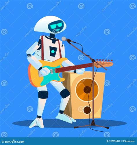 Robot Playing Guitar And Singing Vector Isolated Illustration Stock