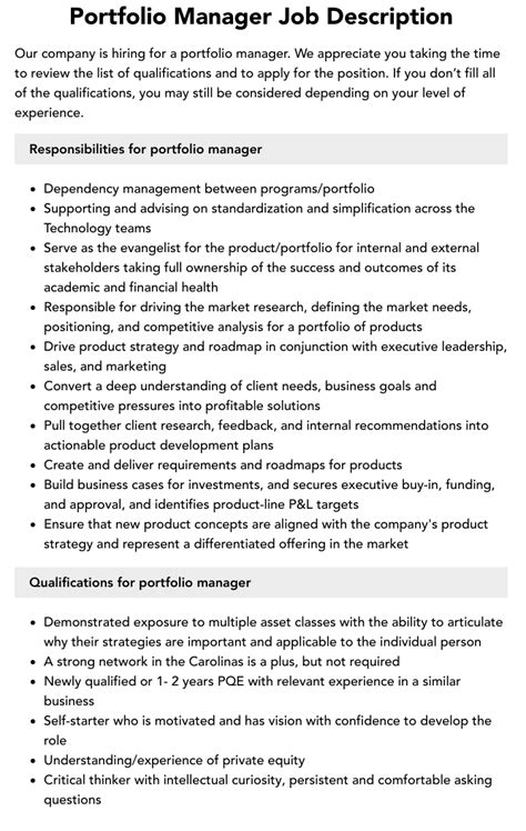 Portfolio Manager Job Description Velvet Jobs