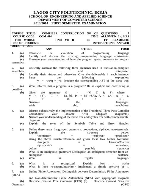 Com 414 Hnd Yr 11 Ft Compiler Construction Cs 2 Pdf Parsing Compiler