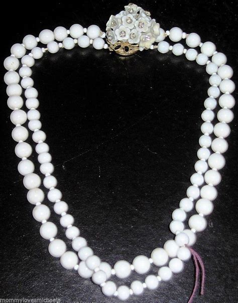 Miriam Haskell White Glass Bead Flower Rhinestone Necklace 1728592506
